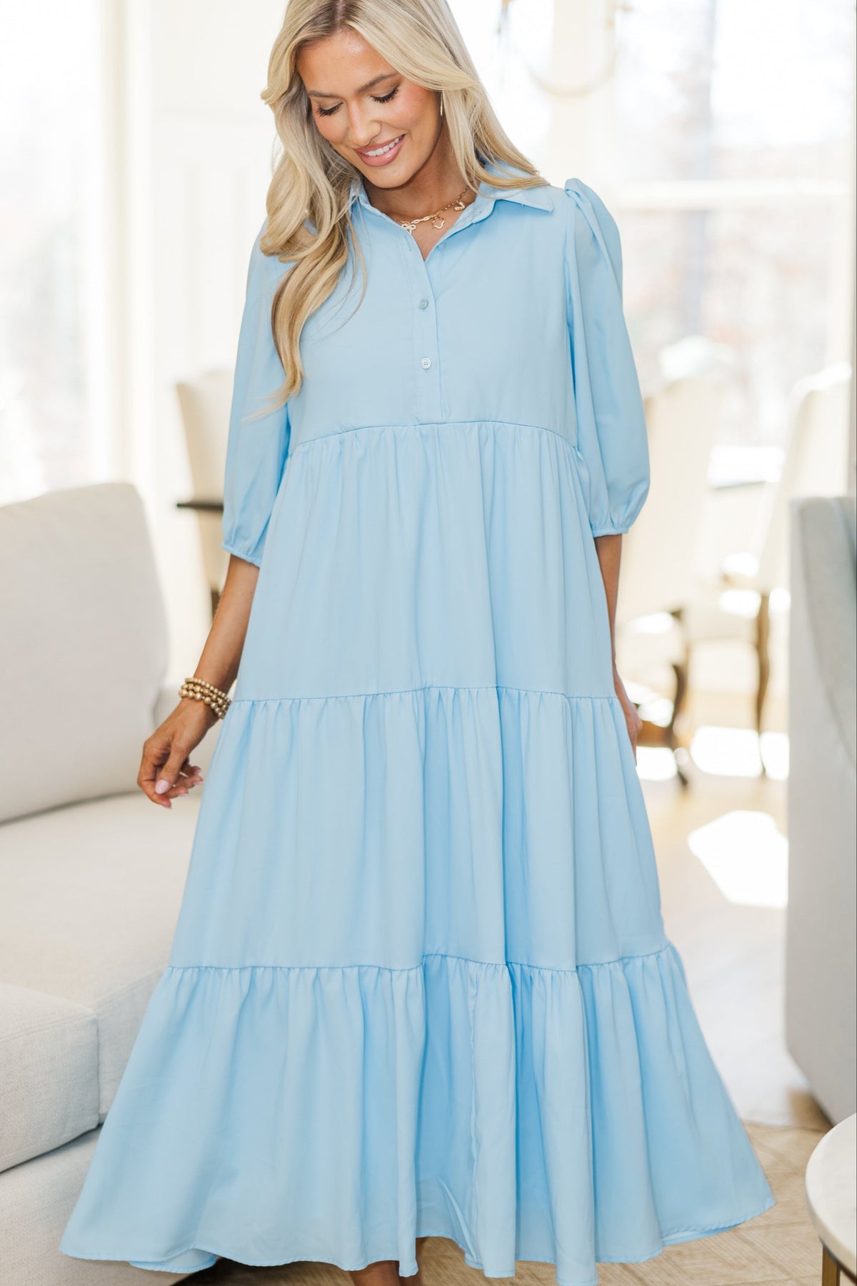 NURSING COLLECTION: Love Found Blue Tiered Midi Dress – Shop the Mint