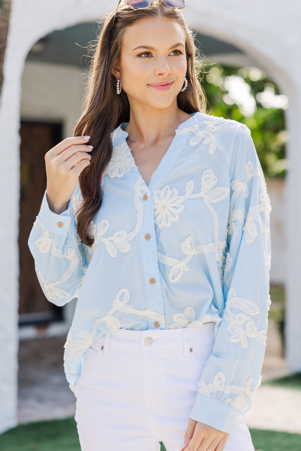 Leave It All Light Blue Embroidered Blouse – Shop the Mint