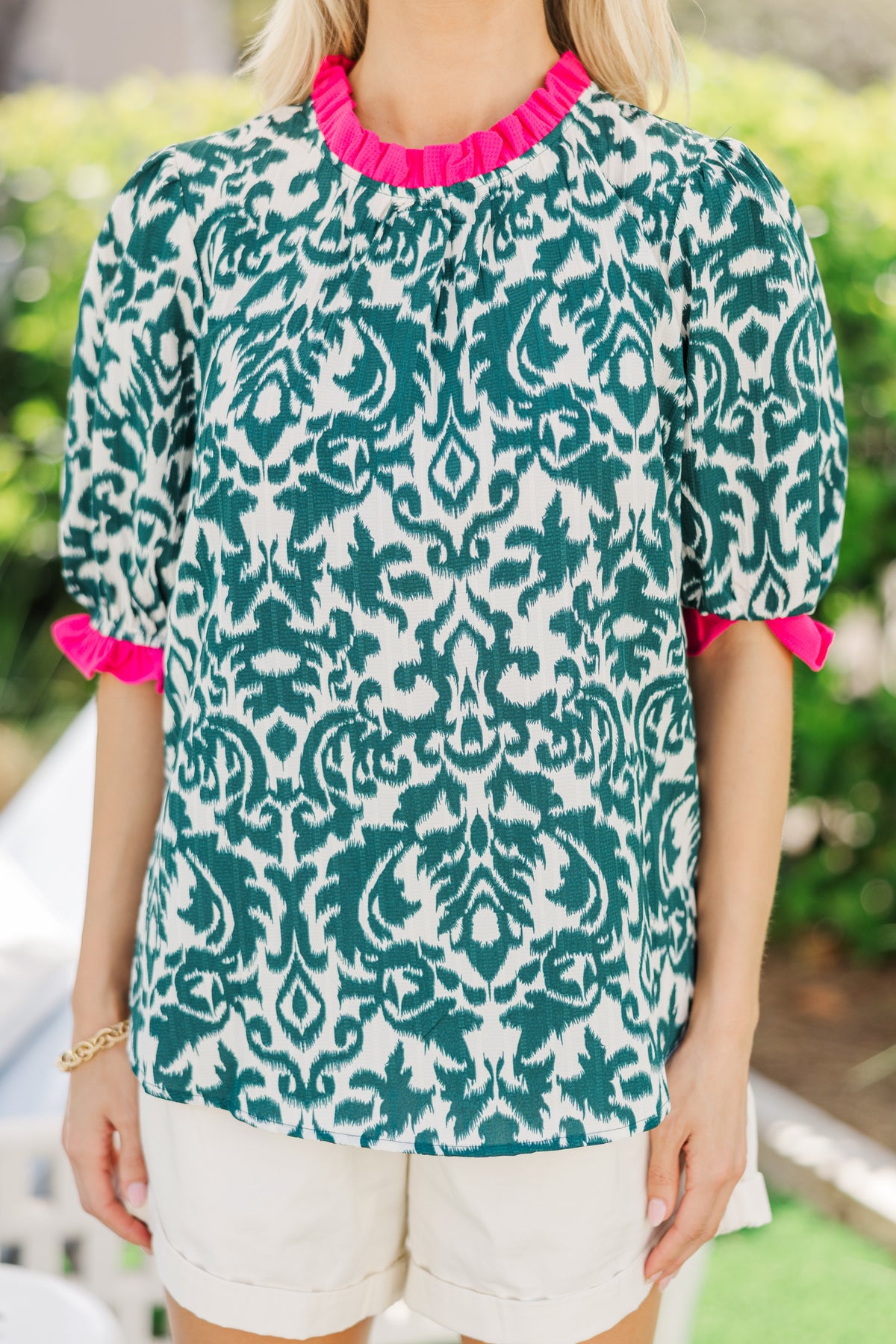 All In Green & Pink Damask Ruffled Blouse – Shop the Mint