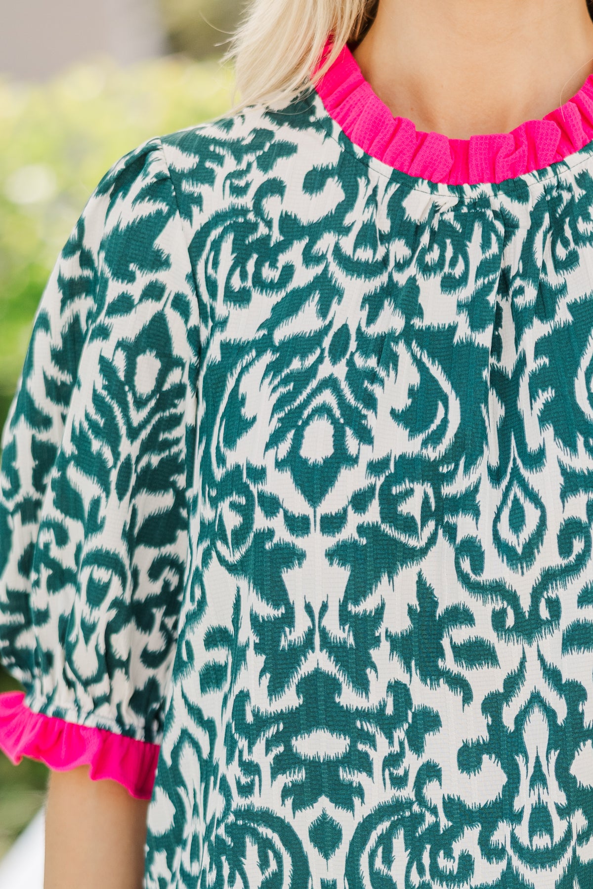 All In Green & Pink Damask Ruffled Blouse – Shop the Mint