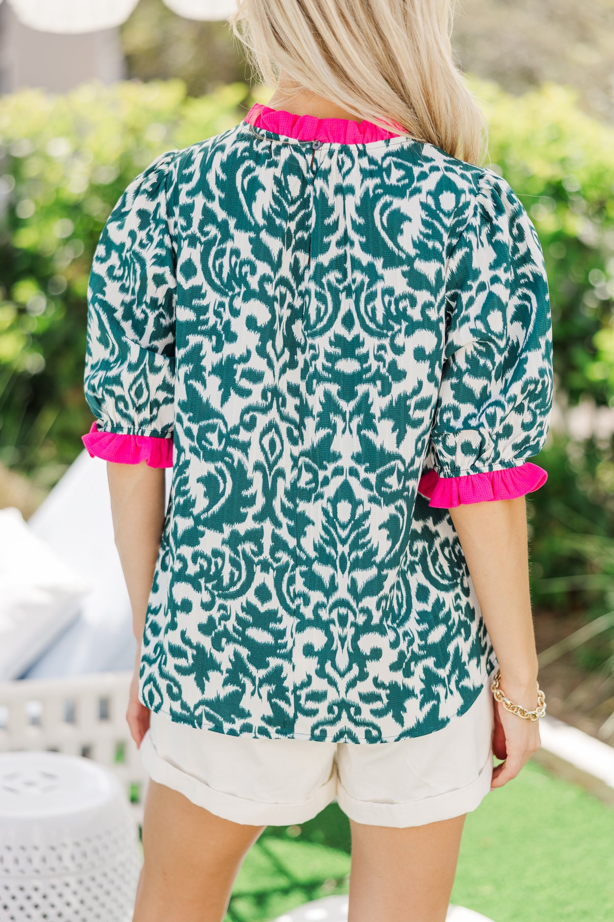 All In Green & Pink Damask Ruffled Blouse – Shop the Mint