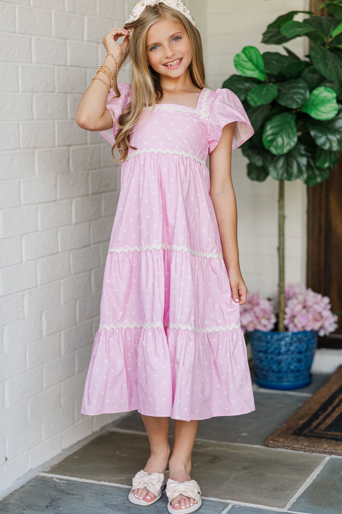 Girls: Always Be Yourself Pink Bow Print Midi Dress – Shop the Mint