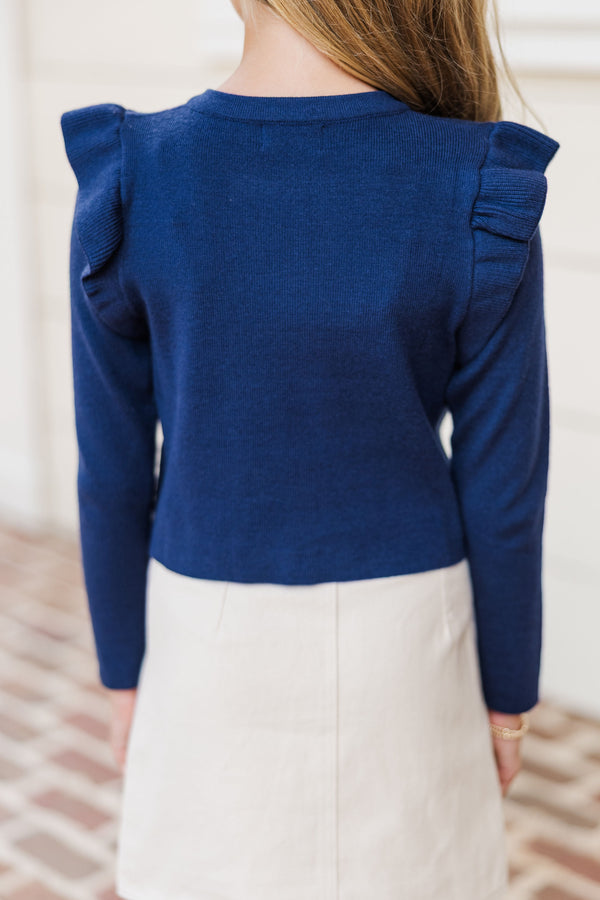 Girls: The Amari Navy Ruffled Cardigan – Shop the Mint