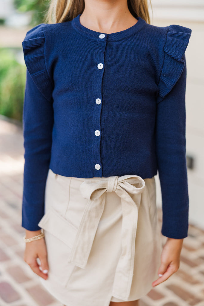 Girls: The Amari Navy Ruffled Cardigan – Shop the Mint