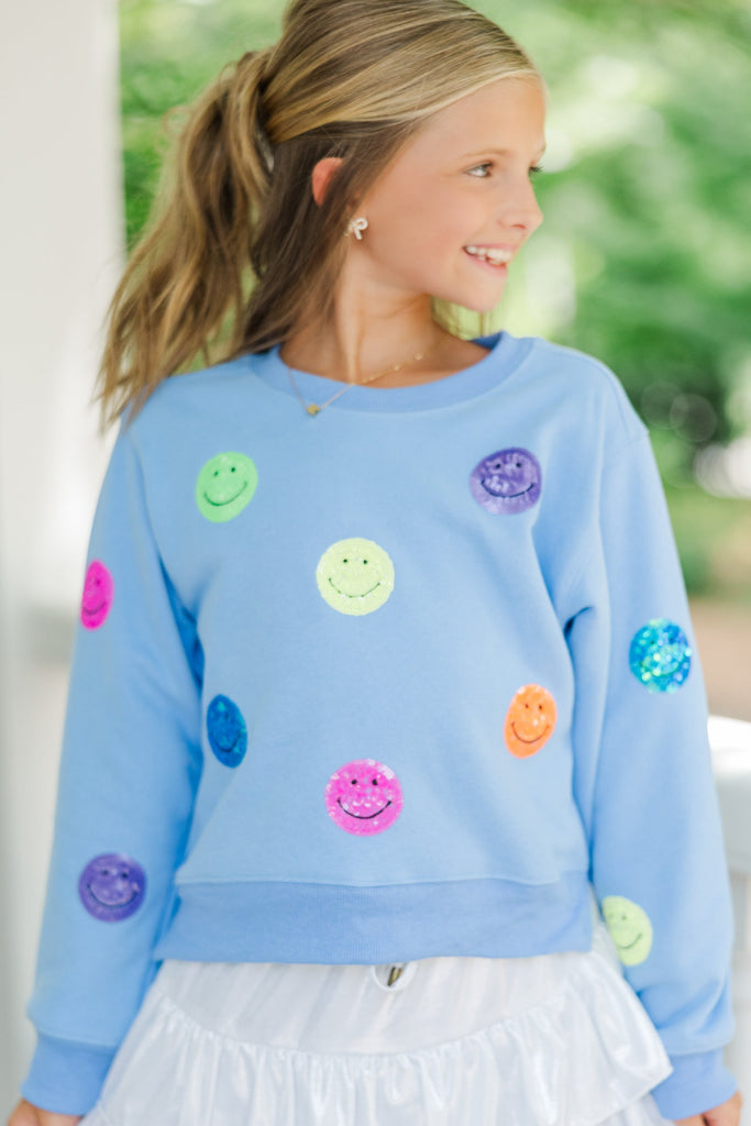 Girls: The Josie Light Blue Sequin Smiley Face Sweatshirt – Shop the Mint