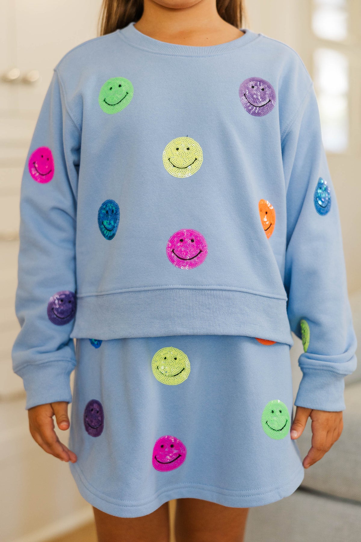Girls: The Josie Light Blue Sequin Smiley Face Sweatshirt – Shop the Mint