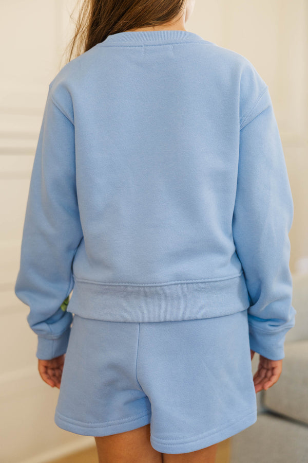 Girls: The Josie Light Blue Sequin Smiley Face Sweatshirt – Shop the Mint
