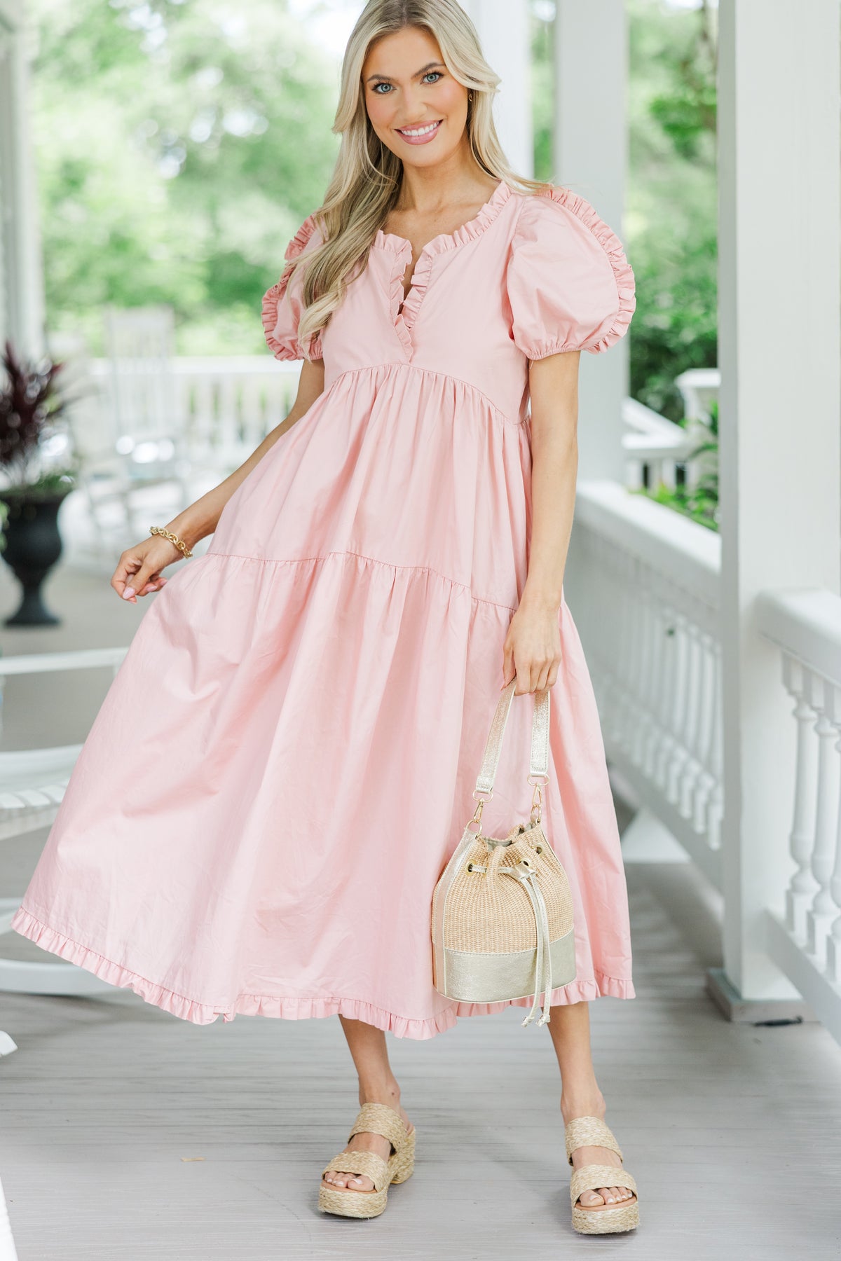 Gentle Breeze Dusty Pink Ruffled Midi Dress – Shop the Mint