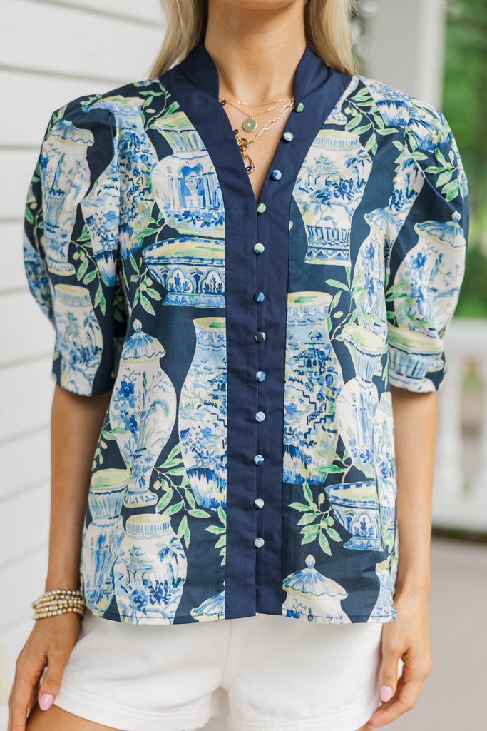 Say It Proud Navy Toile Vases Blouse – Shop the Mint