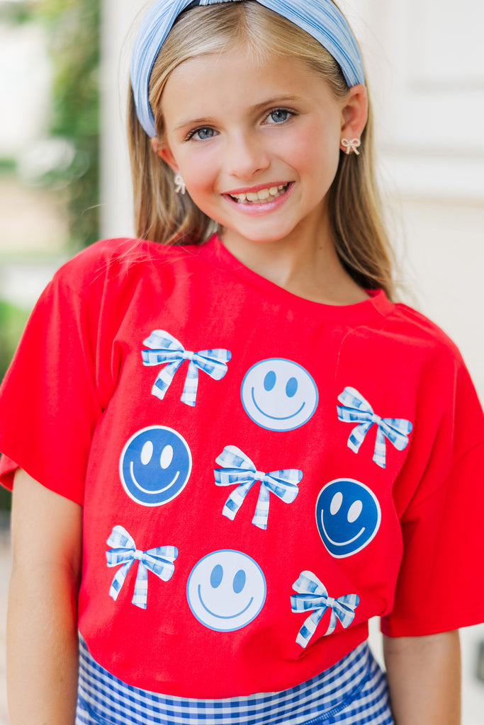 Girls: Blue Gingham Bows & Smiley Faces Red Graphic Tee – Shop the Mint