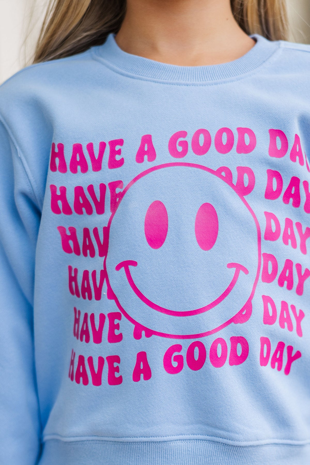 Girls: Have A Good Day Light Blue Graphic Sweatshirt – Shop the Mint