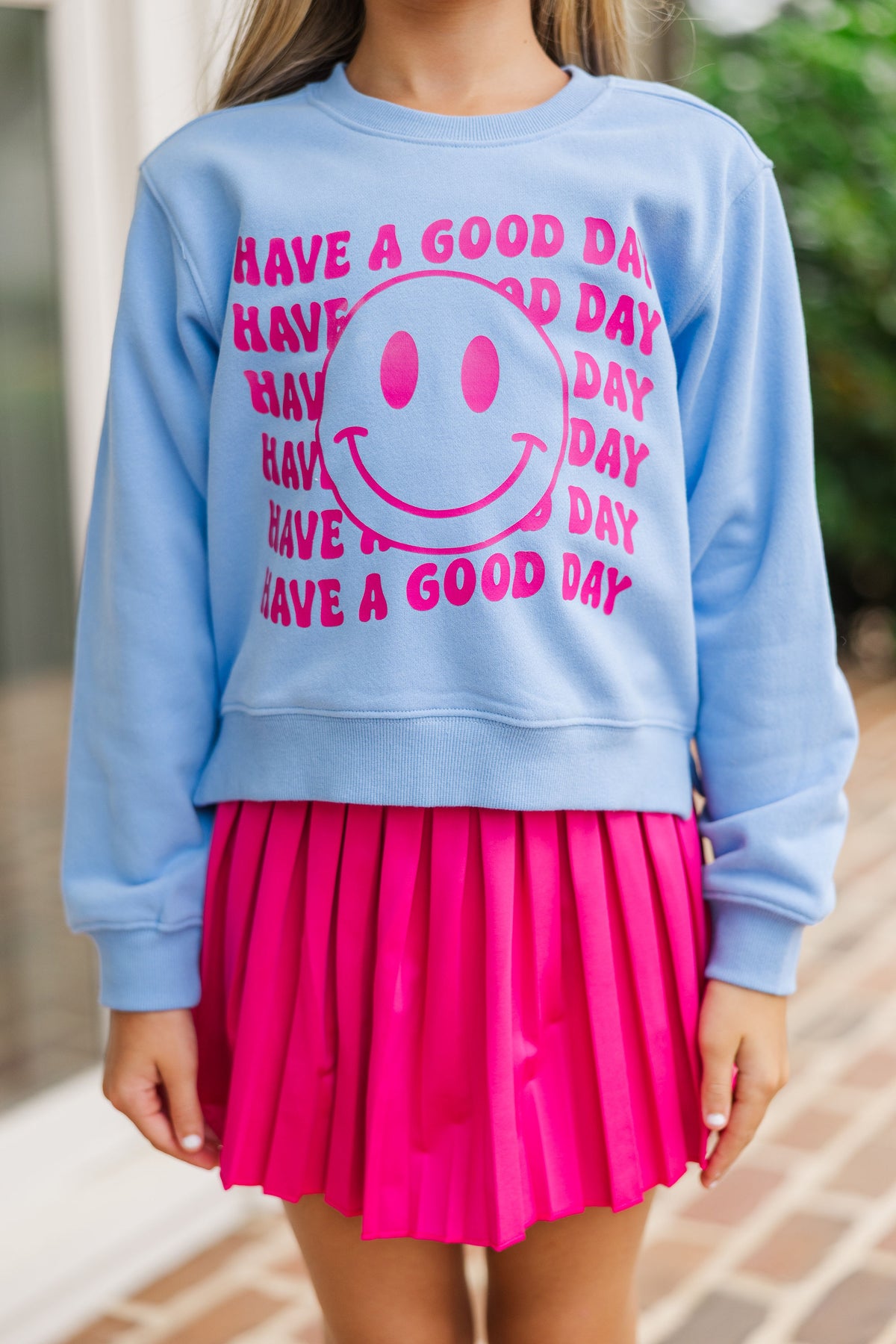 Girls: Have A Good Day Light Blue Graphic Sweatshirt – Shop the Mint