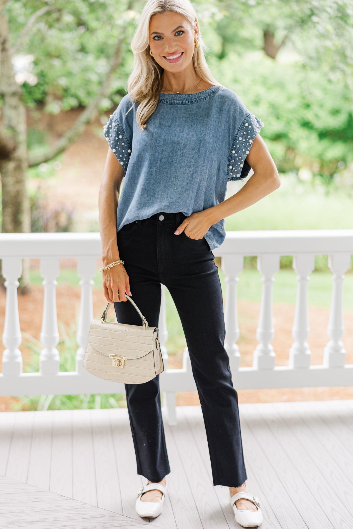 Be Bold Denim Blue Embellished Blouse – Shop the Mint