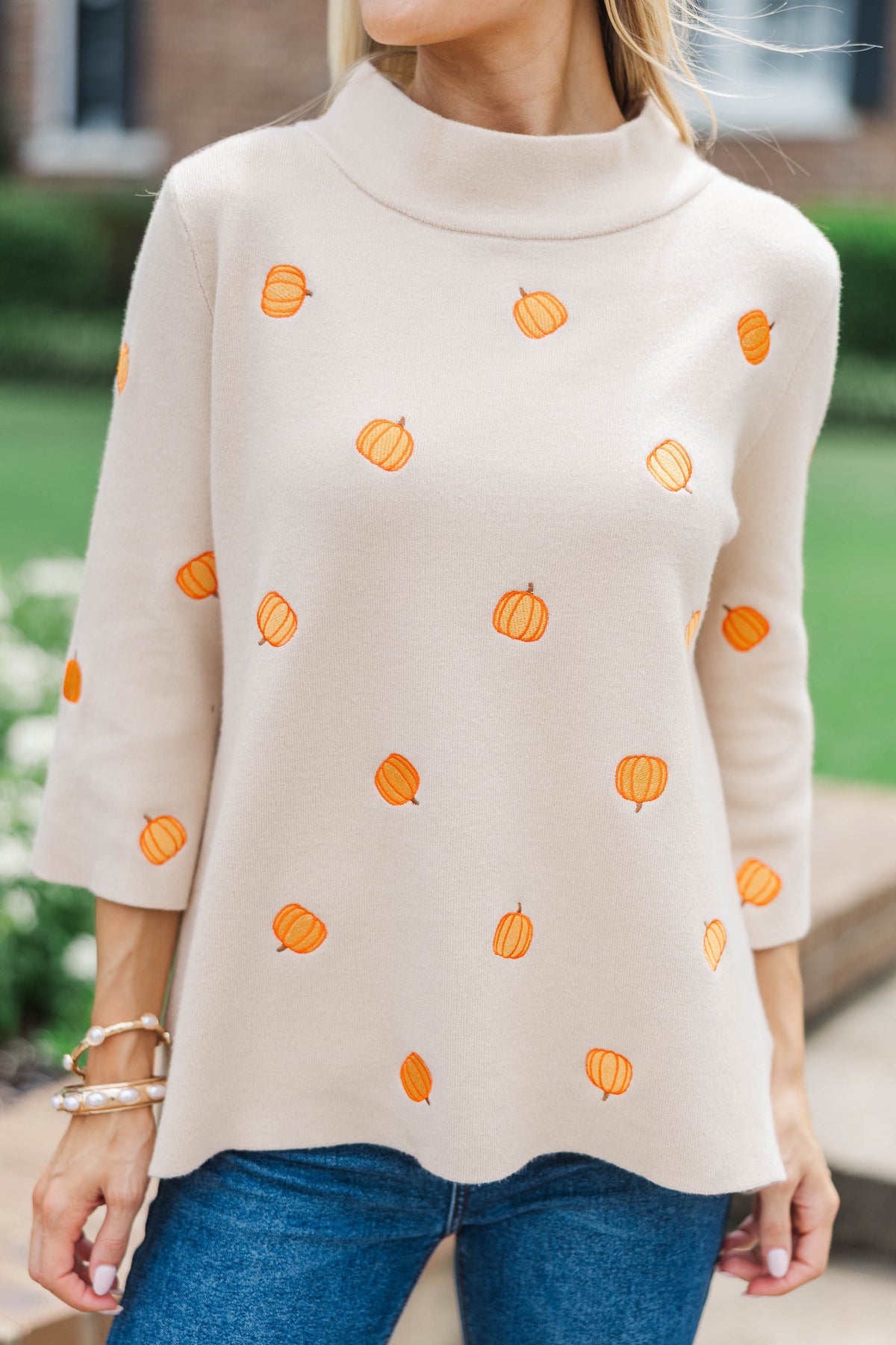 Fall Feels Forever Taupe Embroidered Pumpkins Sweater – Shop the Mint