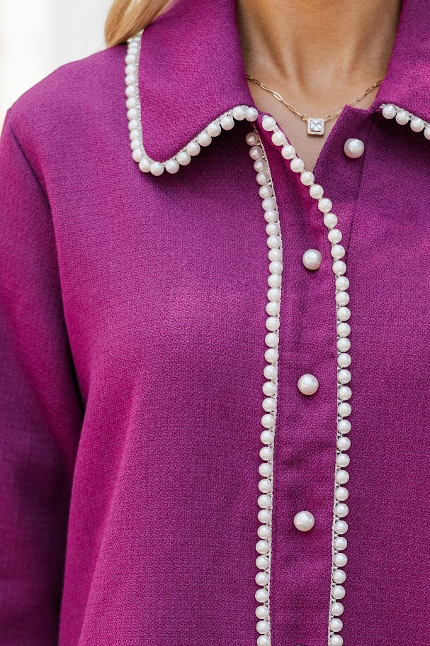 The Kindness Plum Purple Pearl Embellished Button Down Dress – Shop the ...
