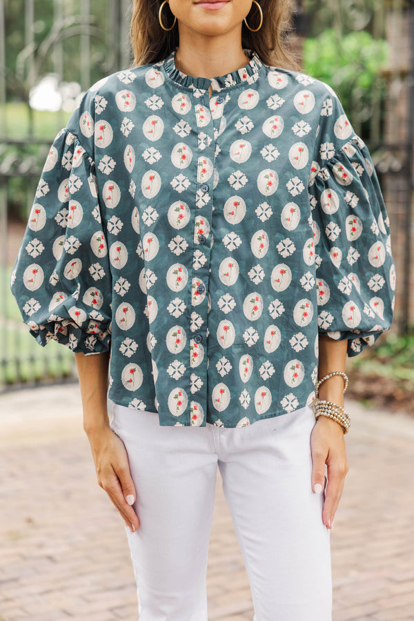 Take Your Turn Teal Medallion Blouse – Shop the Mint