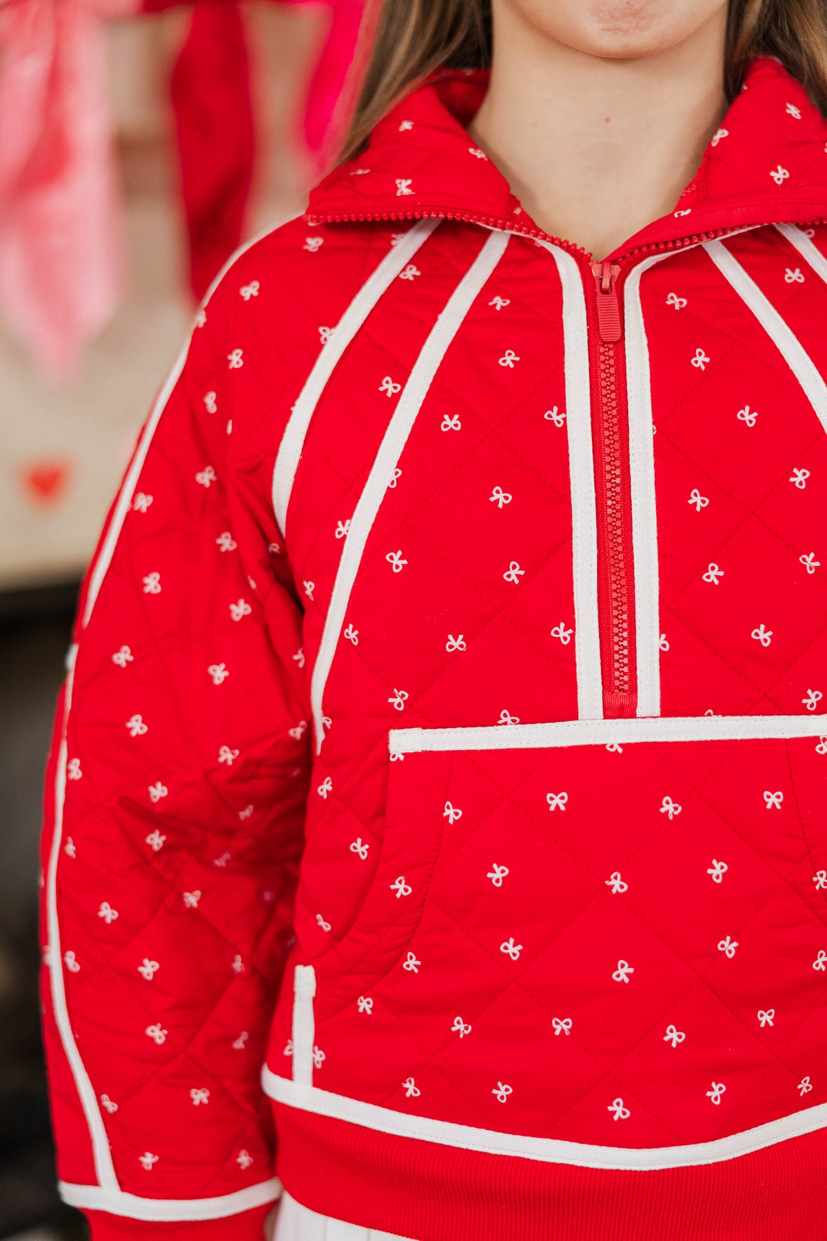Girls: Always Direct Red Bow Print Quilted Pullover – Shop the Mint