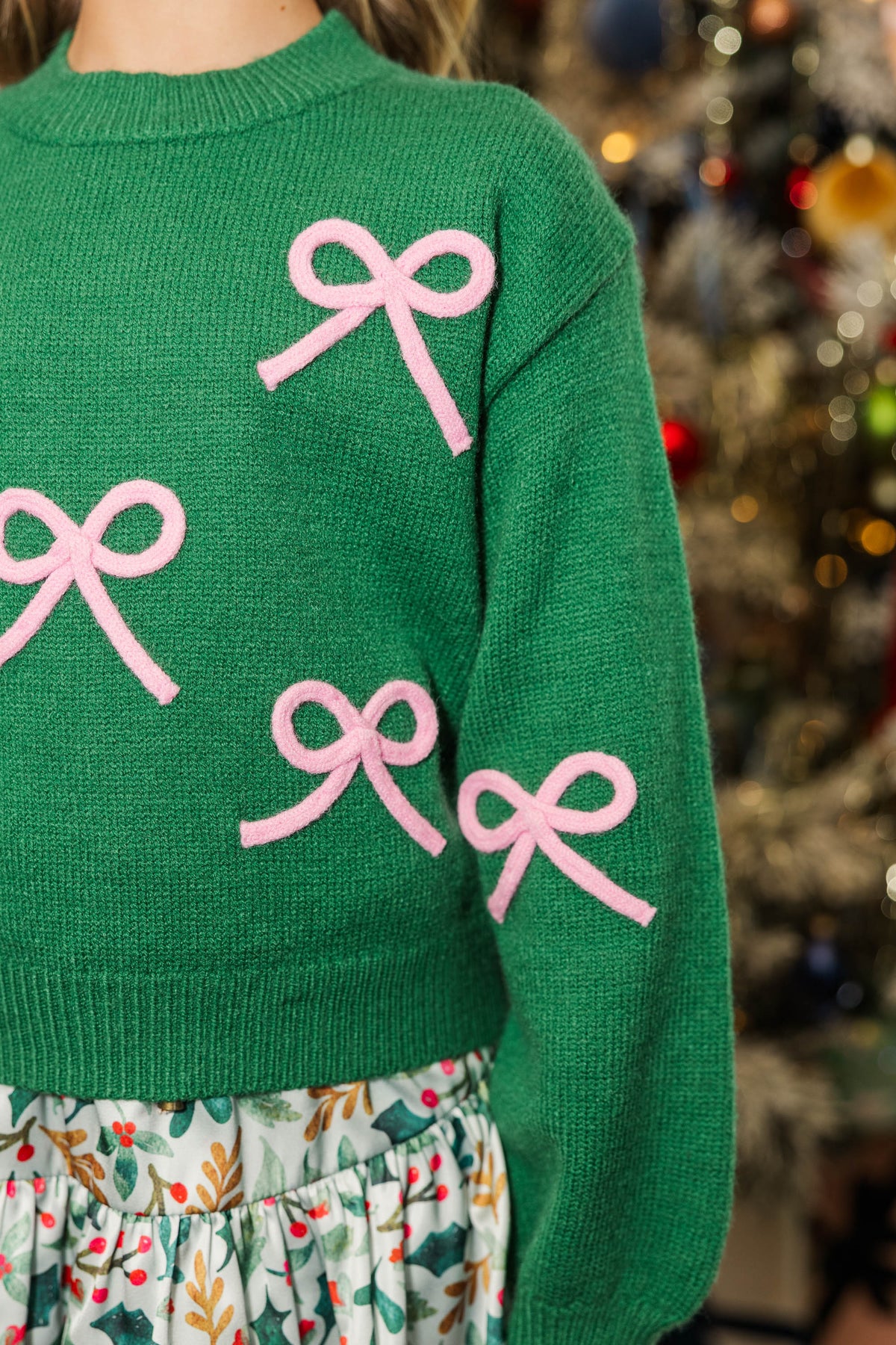 Girls: The Alyson Emerald And Pink Bow Sweater – Shop the Mint