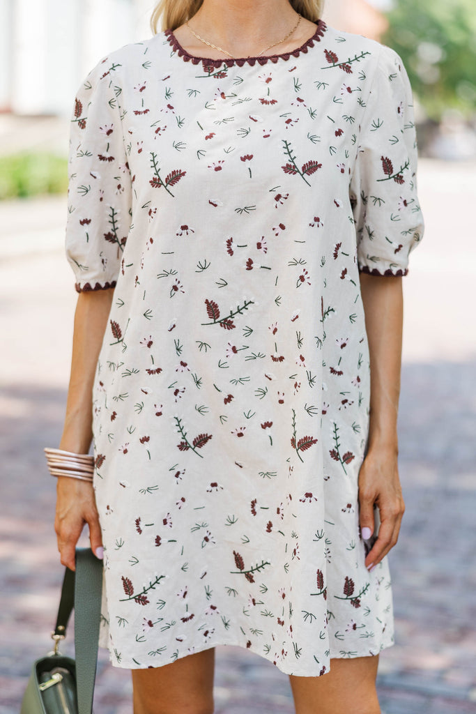 The Subtle Bloom Taupe Embroidered Shift Dress – Shop the Mint