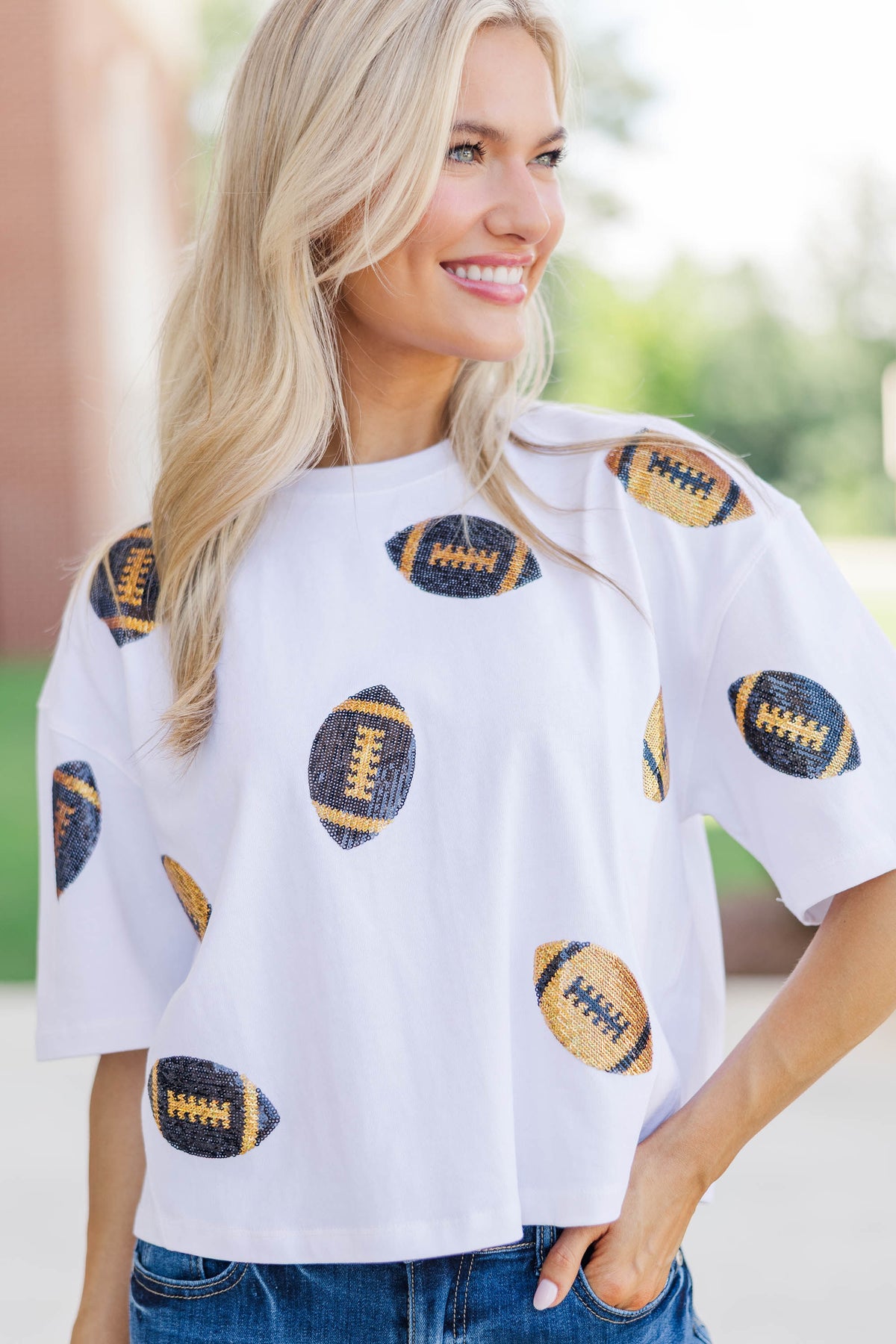 First Down Fun Black & Gold Football Sequin Top – Shop the Mint