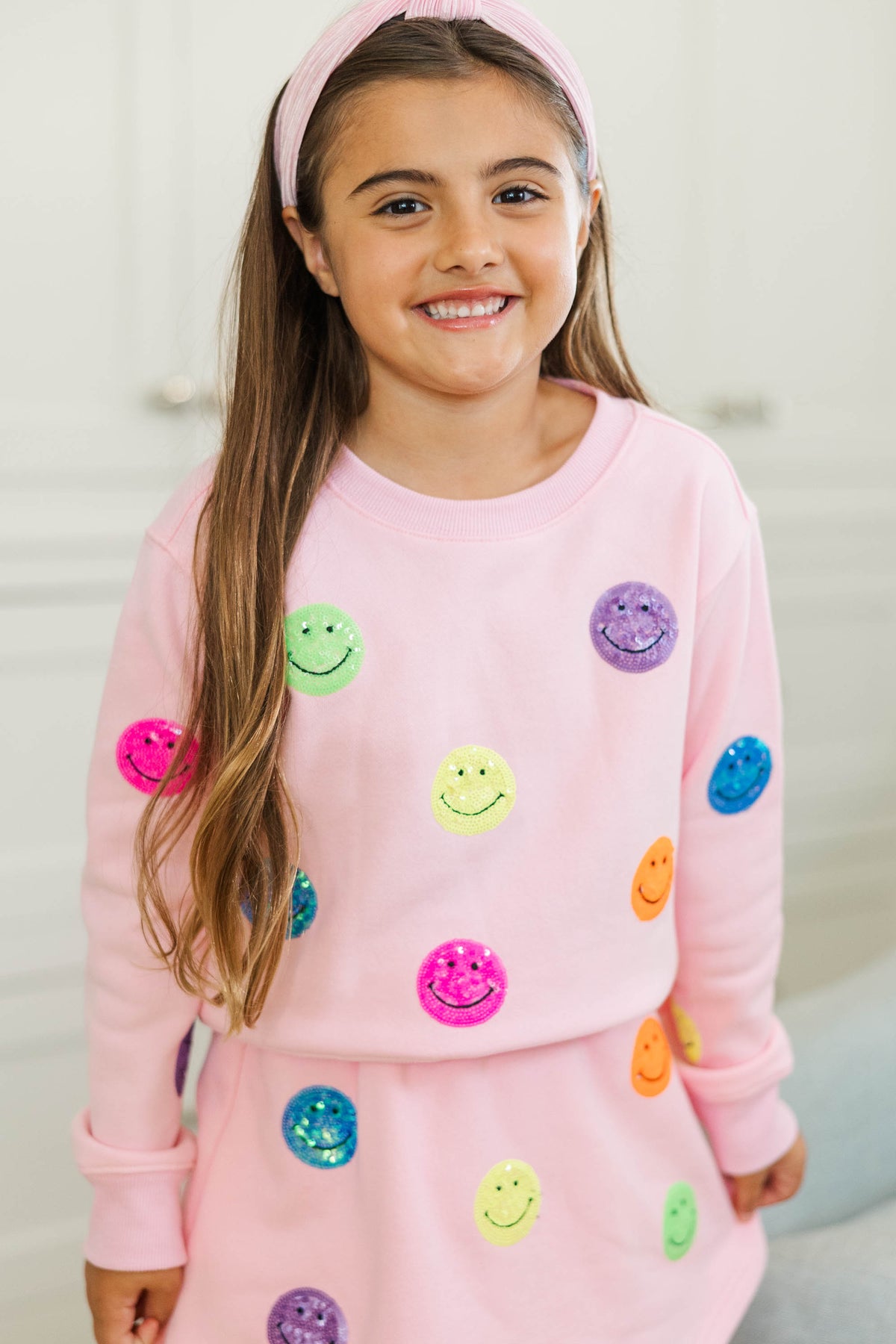 Girls: The Josie Blush Pink Sequin Smiley Face Sweatshirt – Shop the Mint