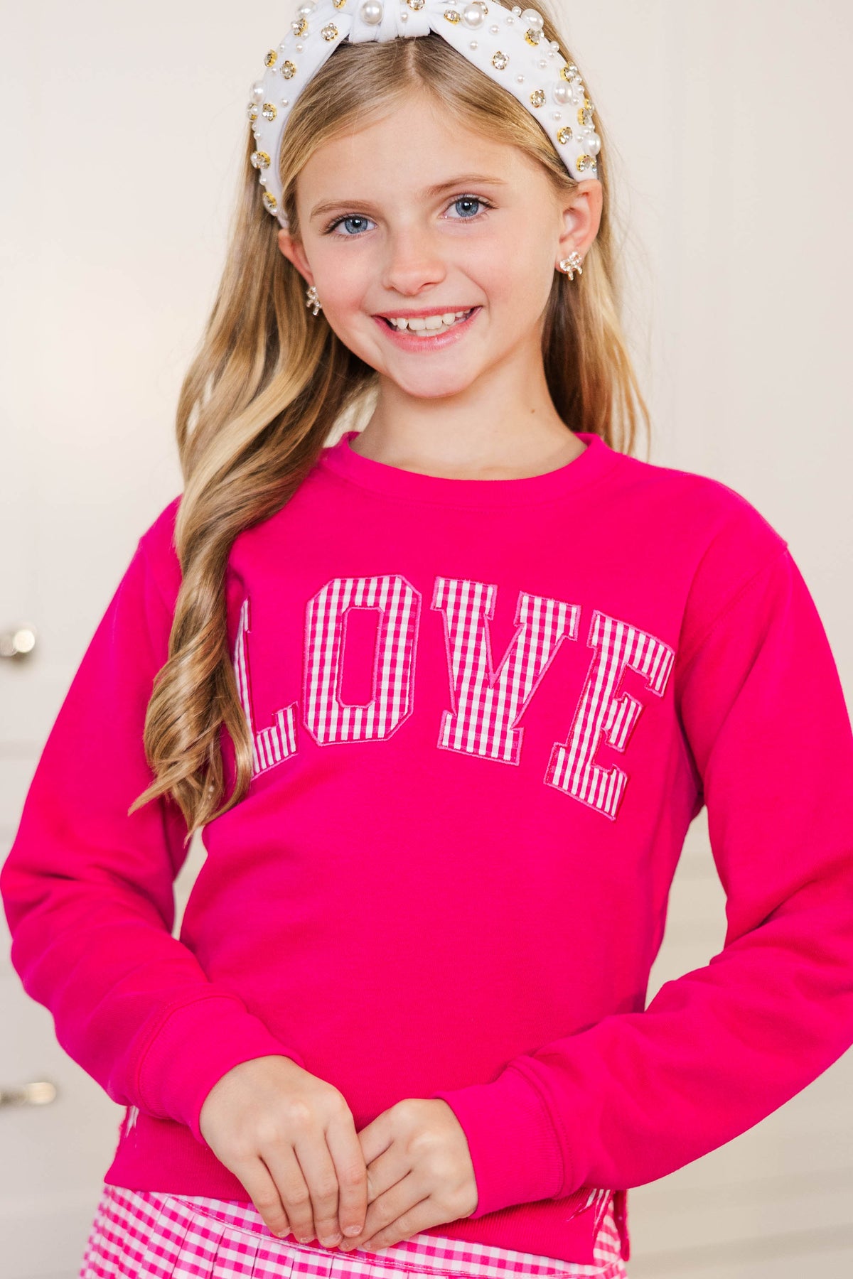 Girls: With The Cutest Fuchsia Gingham Love Patchwork Sweatshirt – Shop ...