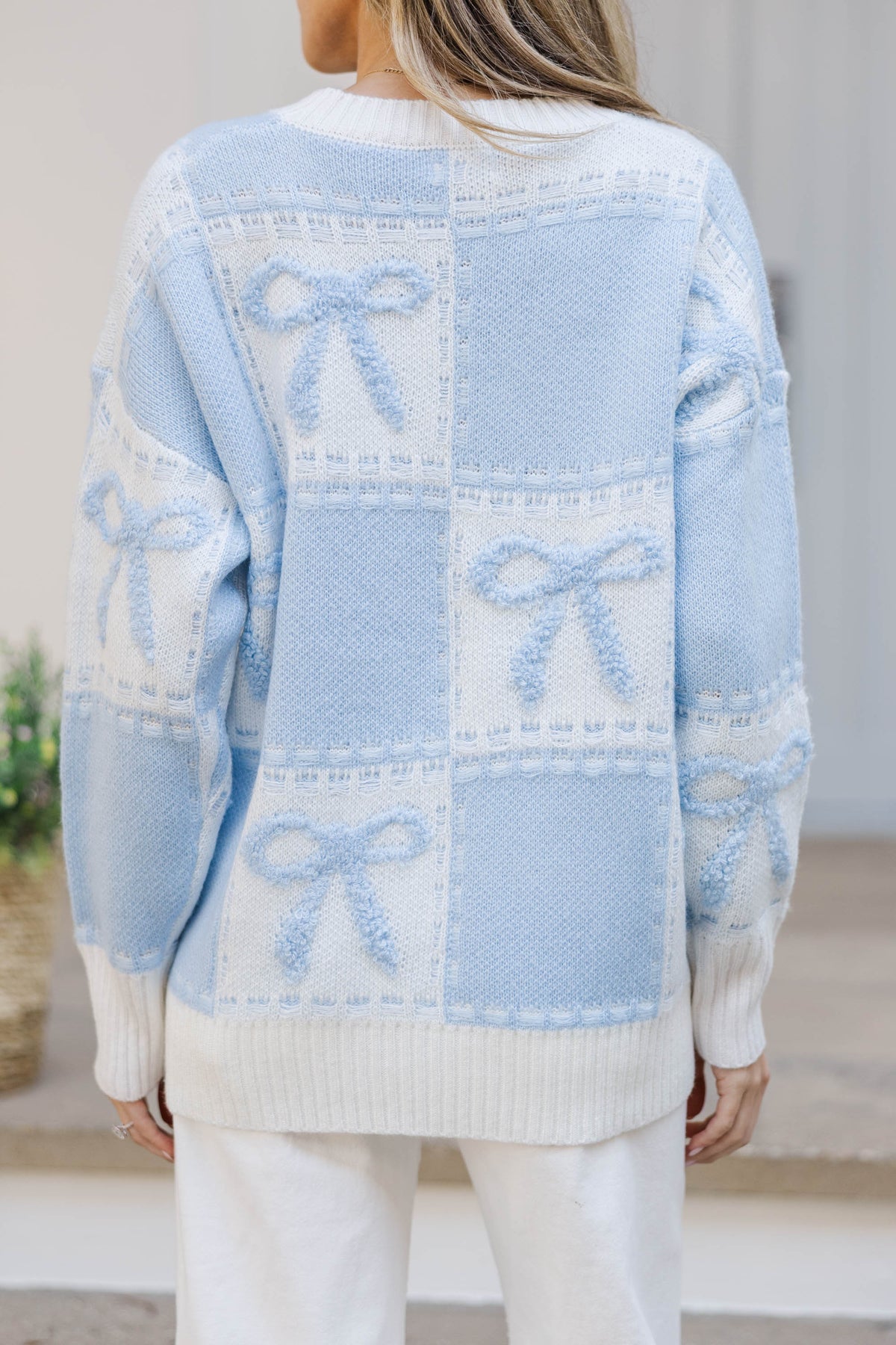 Just Too Good Light Blue Bow Checkered Sweater – Shop the Mint