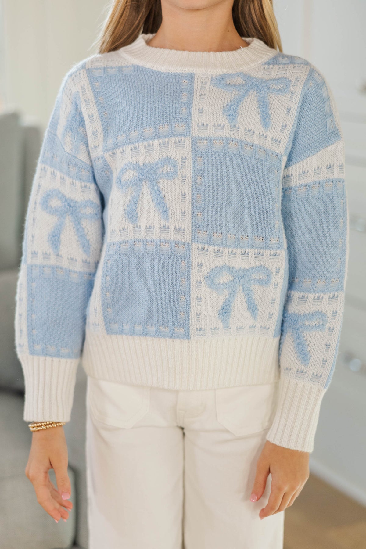 Girls: A Vintage Look Light Blue Bow Detail Sweater – Shop the Mint
