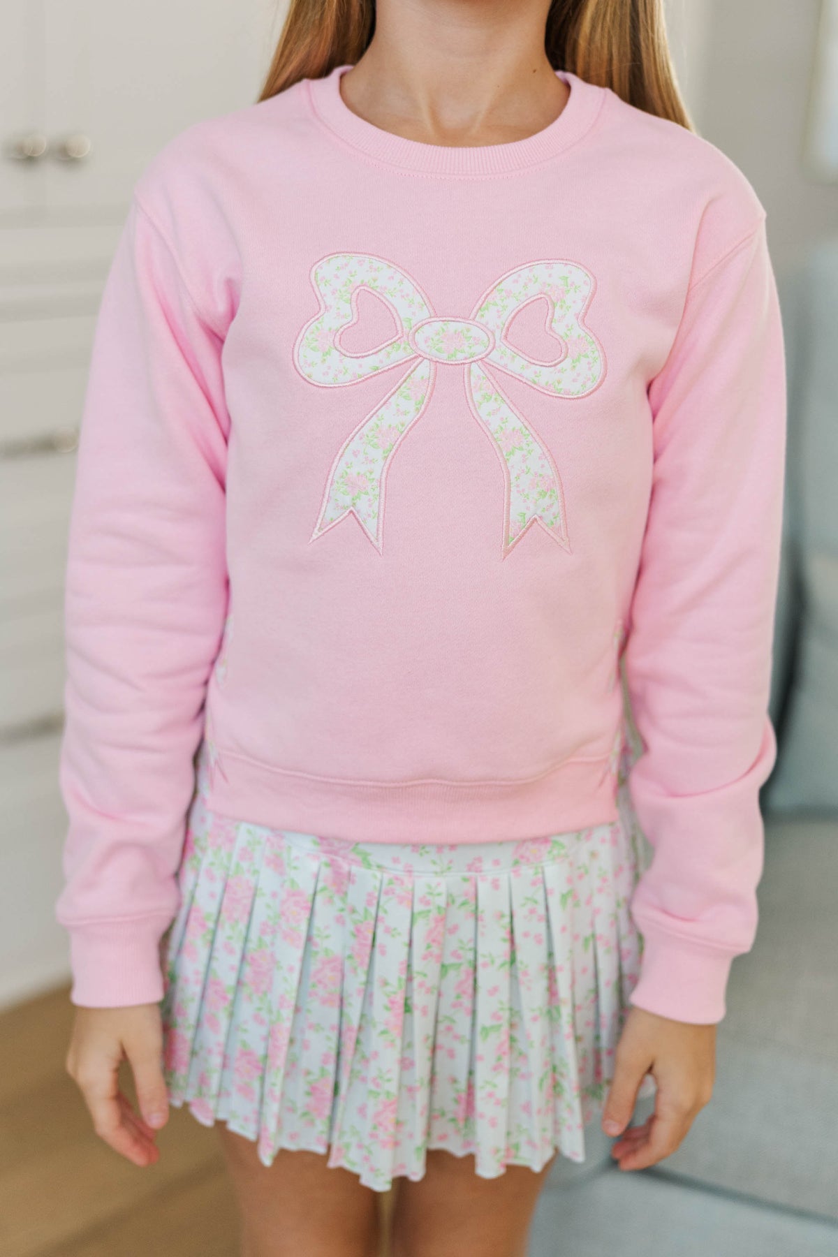 Girls: With The Cutest Pink Bow Patchwork Sweatshirt – Shop the Mint