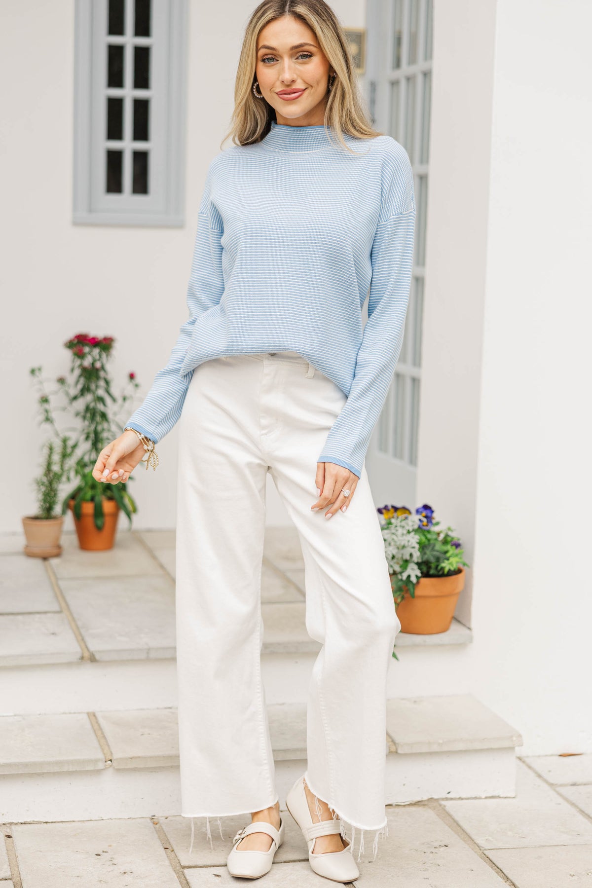 What A Treat Blue Striped Mock Neck Sweater – Shop the Mint