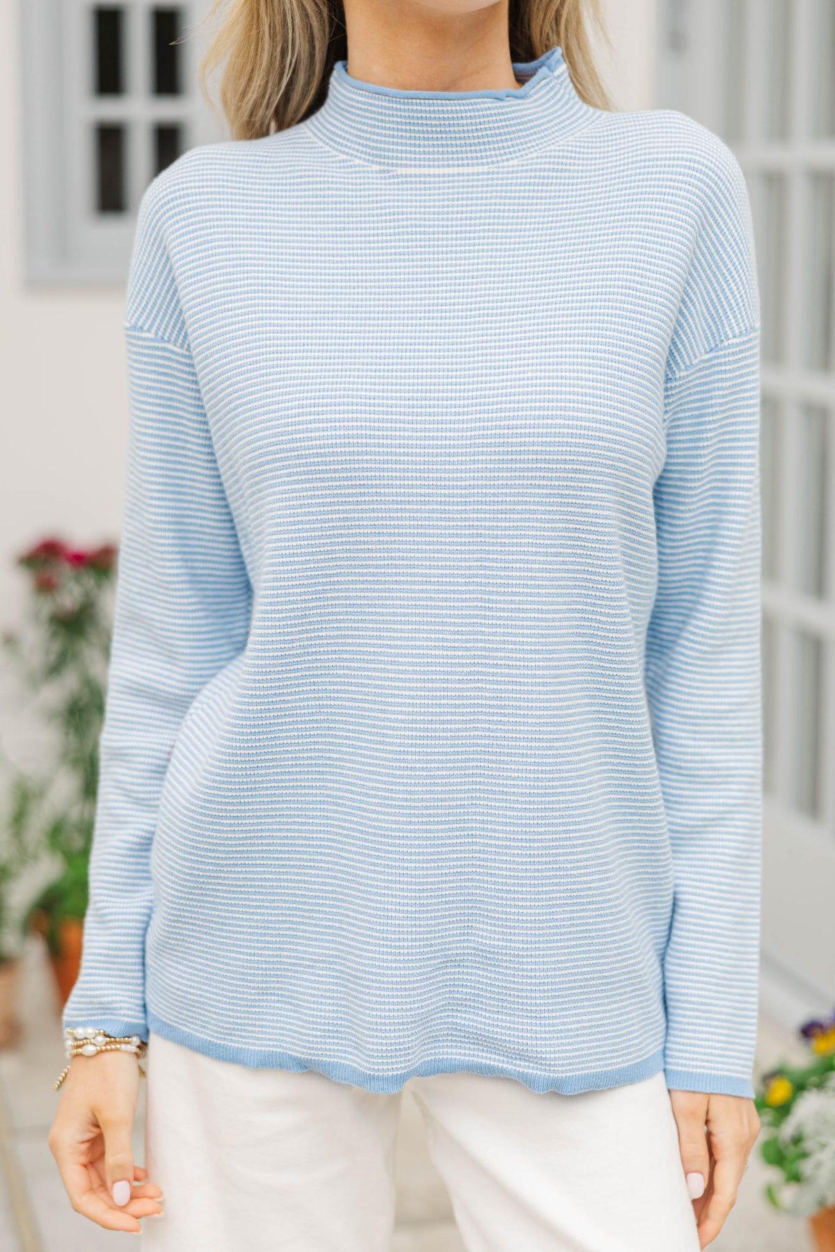 What A Treat Blue Striped Mock Neck Sweater – Shop the Mint