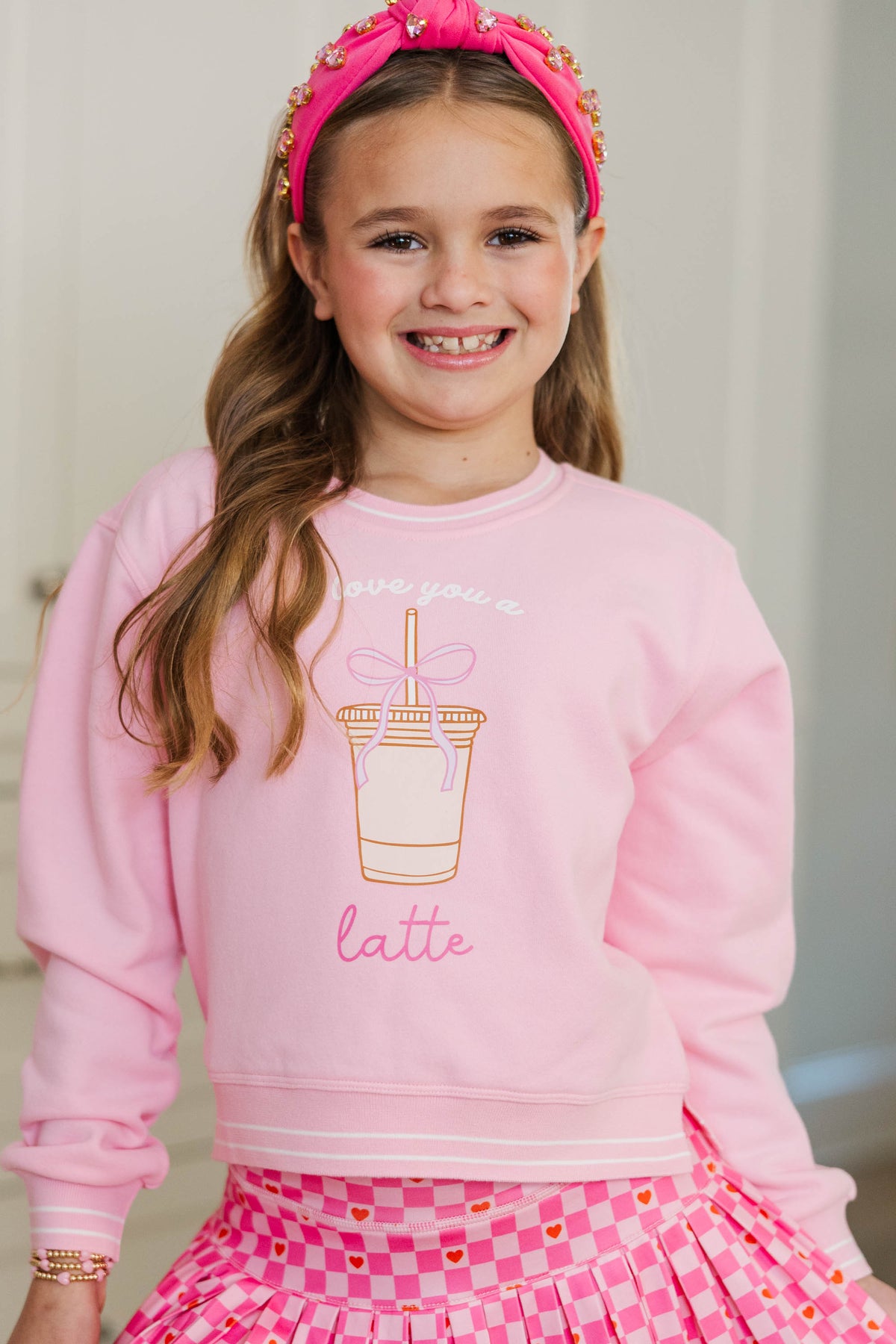Girls: I Love You A Latte Blush Pink Striped Cuff Graphic Sweatshirt ...