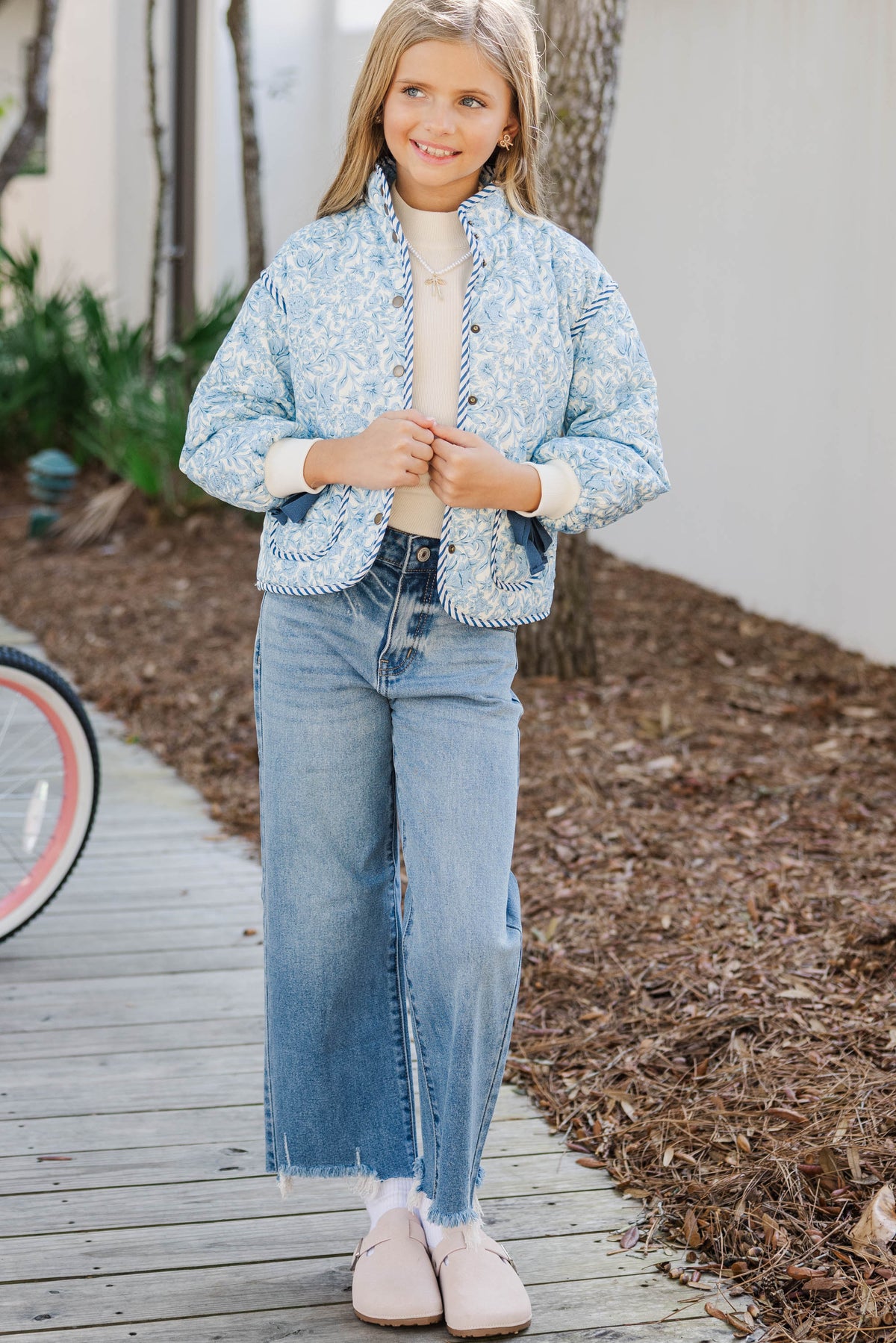 Girls: Just So You Blue Toile Quilted Jacket – Shop the Mint