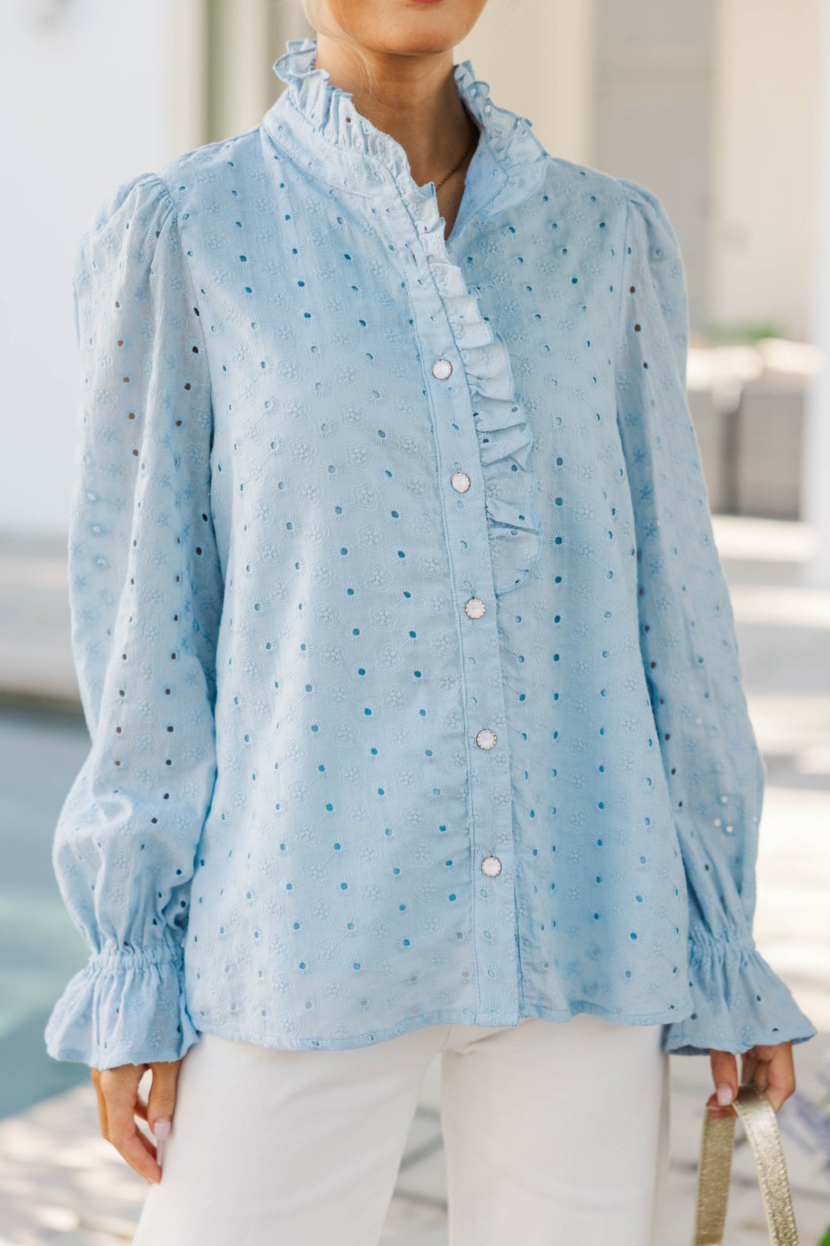 So True Light Blue Eyelet Ruffle Blouse – Shop the Mint