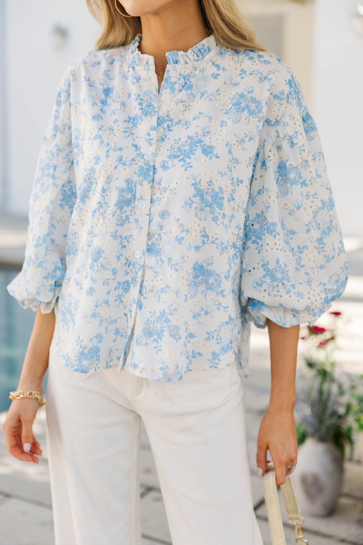 Take Your Turn Blue Floral Eyelet Blouse – Shop the Mint