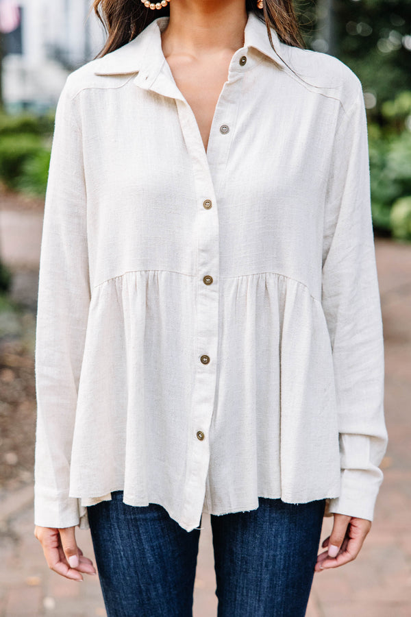 Comfy Oatmeal White Linen Top - Causal Fall Tops – Shop the Mint