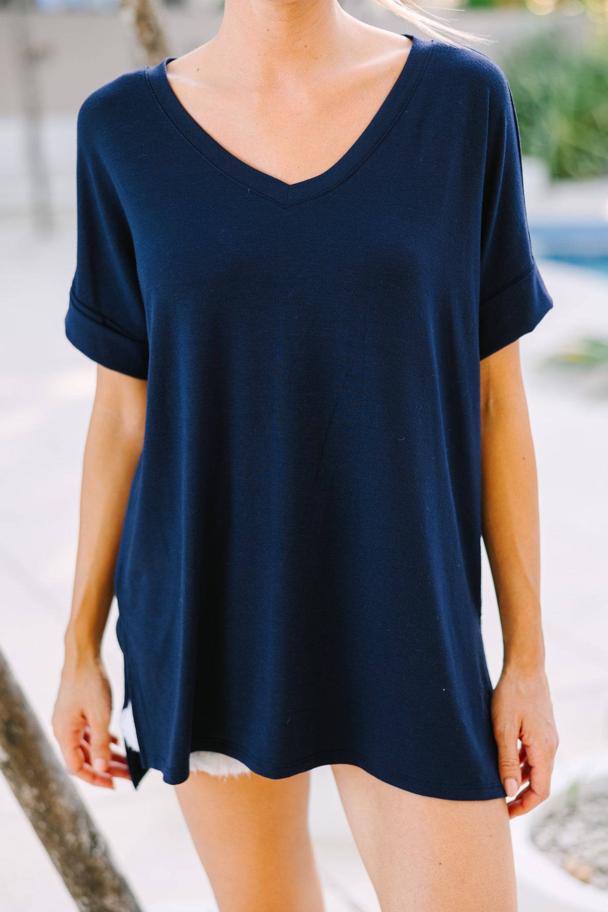 Versatile Comfy Navy Blue V-neck Top - Boutique Clothing – Shop the Mint