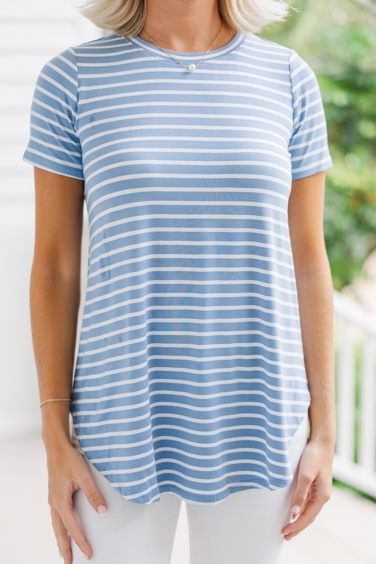 Casual Light Blue and Ivory Striped Top - Basic Women's Tops – Shop the ...