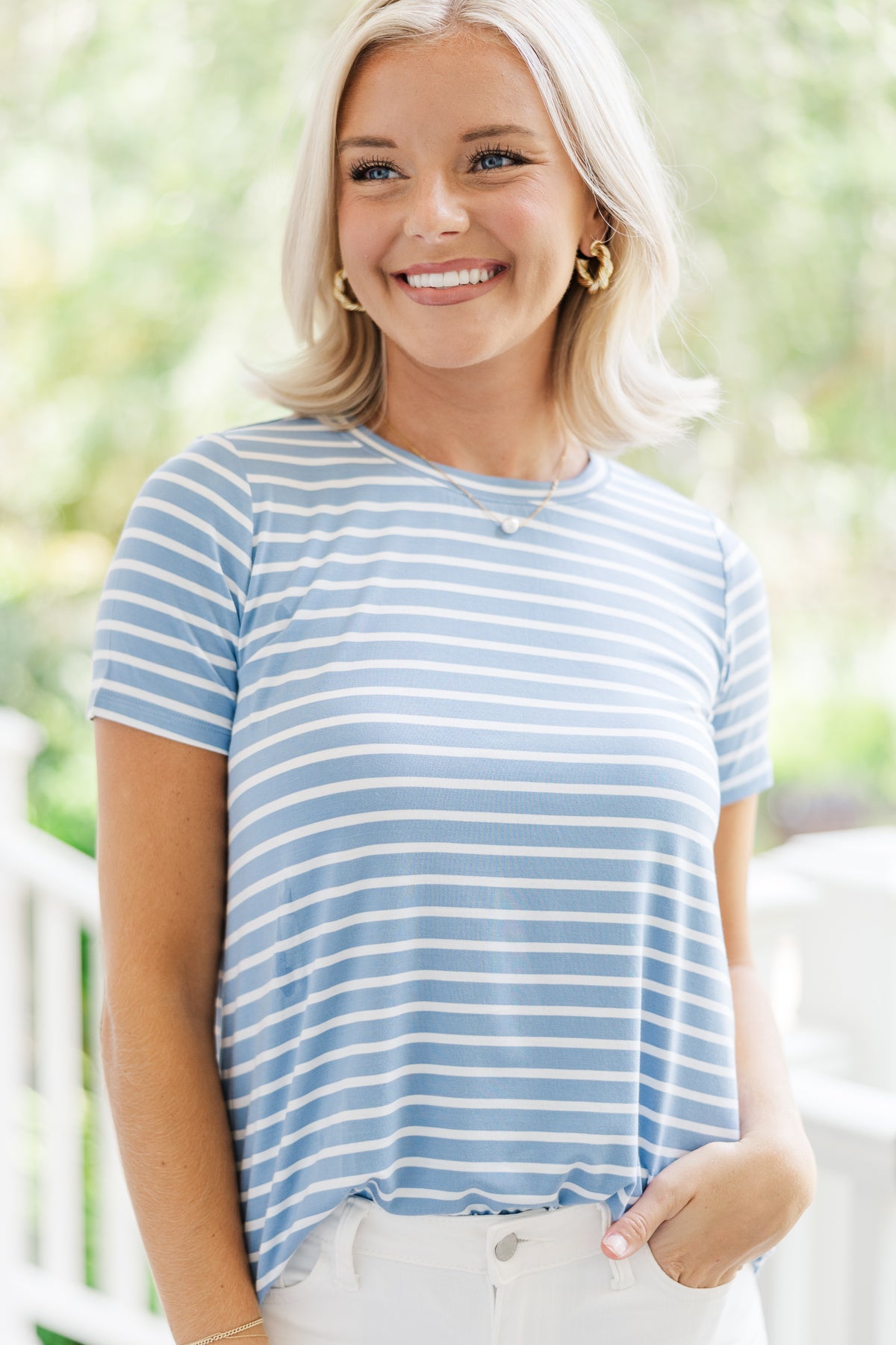 Casual Light Blue and Ivory Striped Top - Basic Women's Tops – Shop the ...