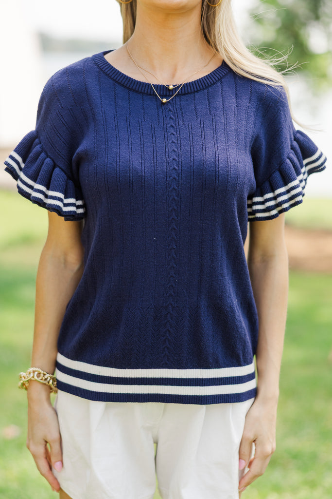 Main Attraction Navy Ruffled Sweater – Shop the Mint