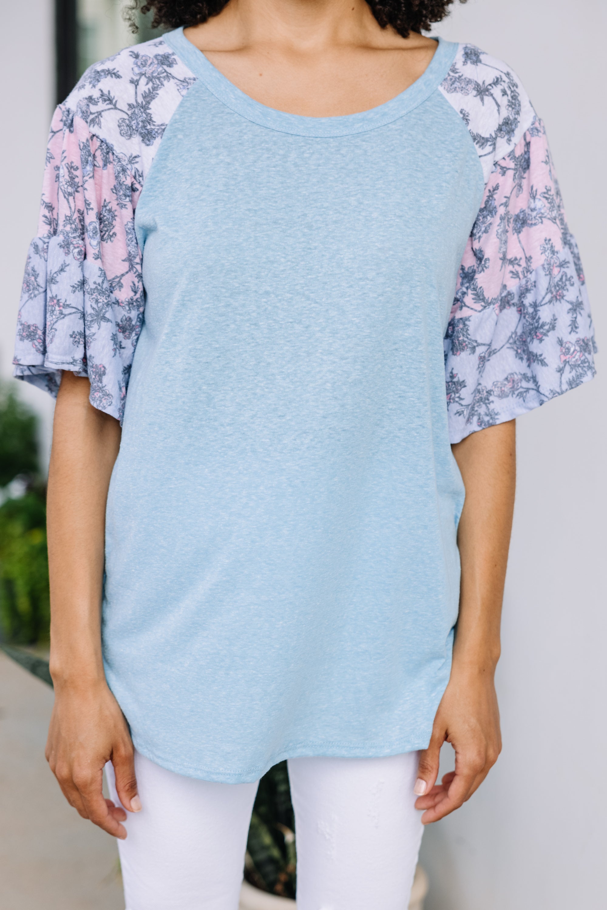 Cute Light Blue Ditsy Floral Top - Comfy Tops – Shop The Mint