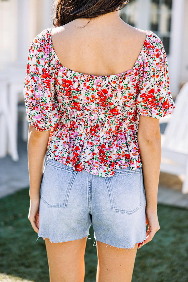 Flattering Coral Pink Ditsy Floral Top - Feminine Boutique Blouses ...