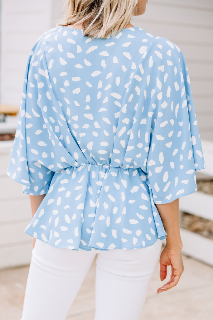 Tell Me Everything Light Blue Spotted Peplum Top – Shop the Mint