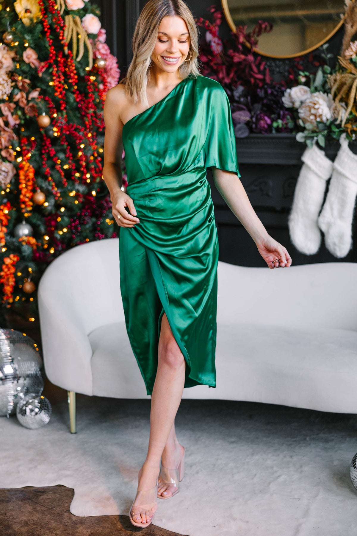 Uptown Girl Emerald Green Satin One Shoulder Dress – Shop the Mint