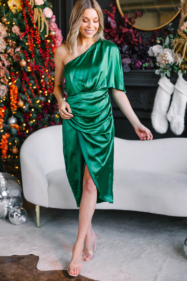 Uptown Girl Emerald Green Satin One Shoulder Dress – Shop the Mint