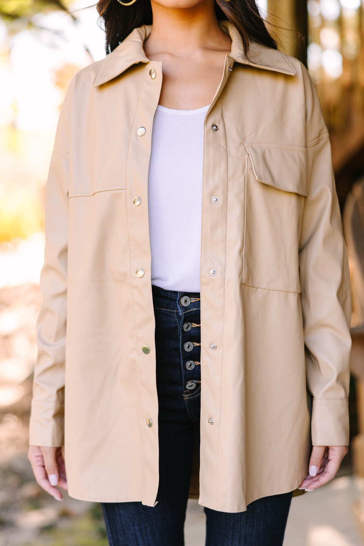 Sassy Khaki Brown Faux Leather Shacket - Edgy Shackets – Shop the Mint