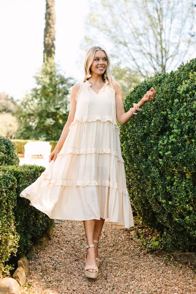 Pursue Perfection Oatmeal White Ruffled Midi Dress – Shop the Mint