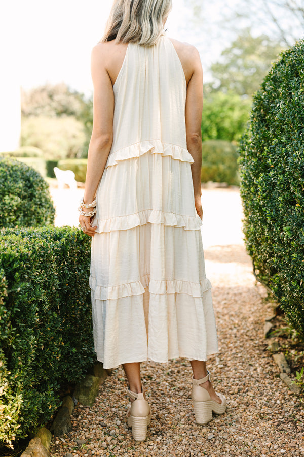 Pursue Perfection Oatmeal White Ruffled Midi Dress – Shop the Mint