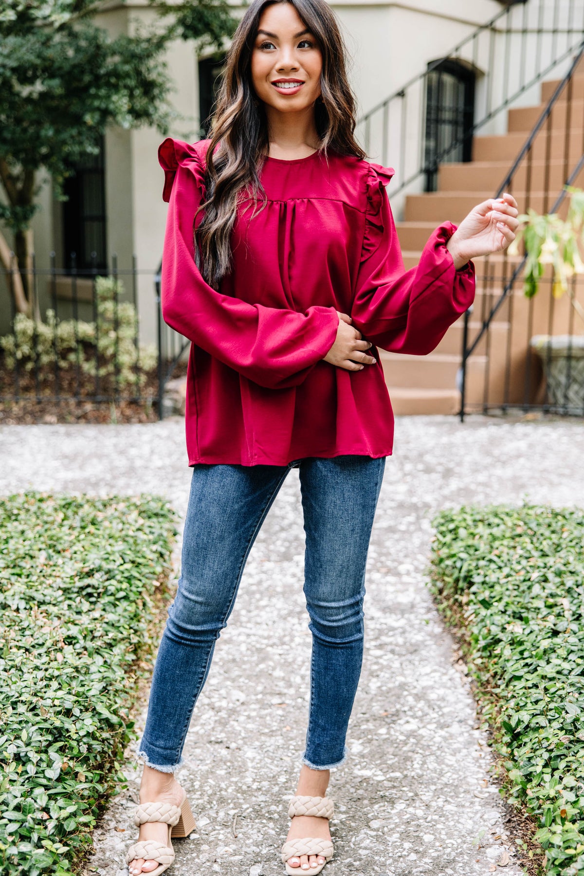 Feeling Important Wine Red Ruffled Blouse – Shop the Mint