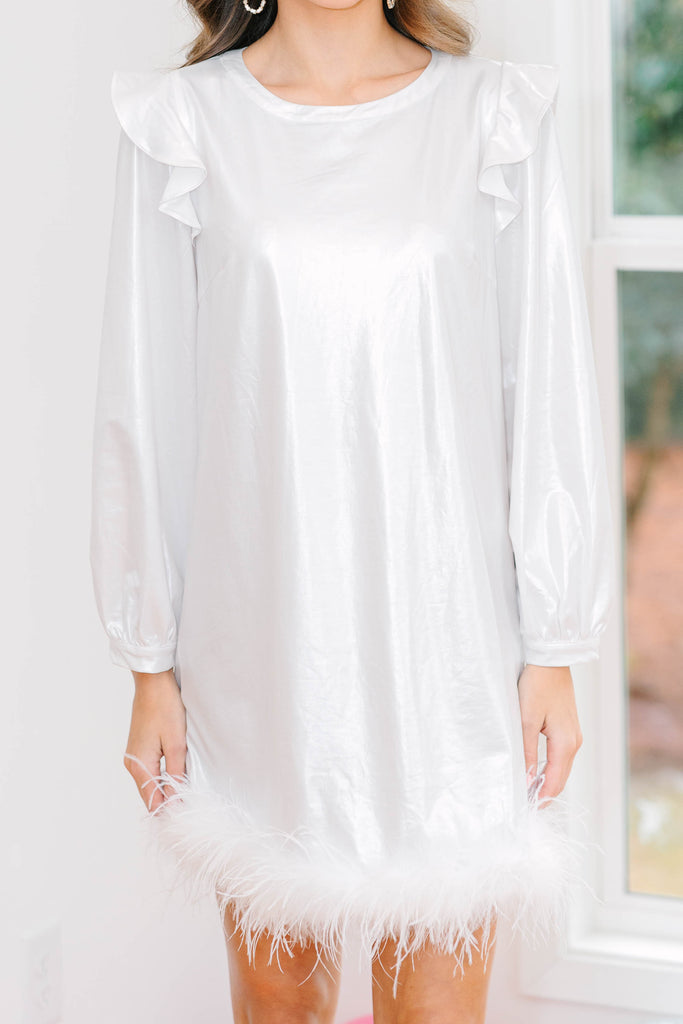 Rising Star White Metallic Feather Trim Dress – Shop the Mint